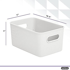 Superio Small Decorative Storage Bin (4 Pack)- Closet, and Shelf Plastic Storage Basket Organizer for Home, Toys, and Pantry- Ribbed Design, 5 Liter, Grey and White