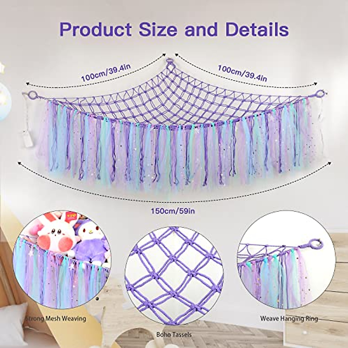 Stuffed Animal Net or Hammock with LED Light, Toy Hammock Hanging Stuffed Animal Storage Organizer Holder Room Décor with Tassels for Nursery Play Room Kids Bedroom (Purple)