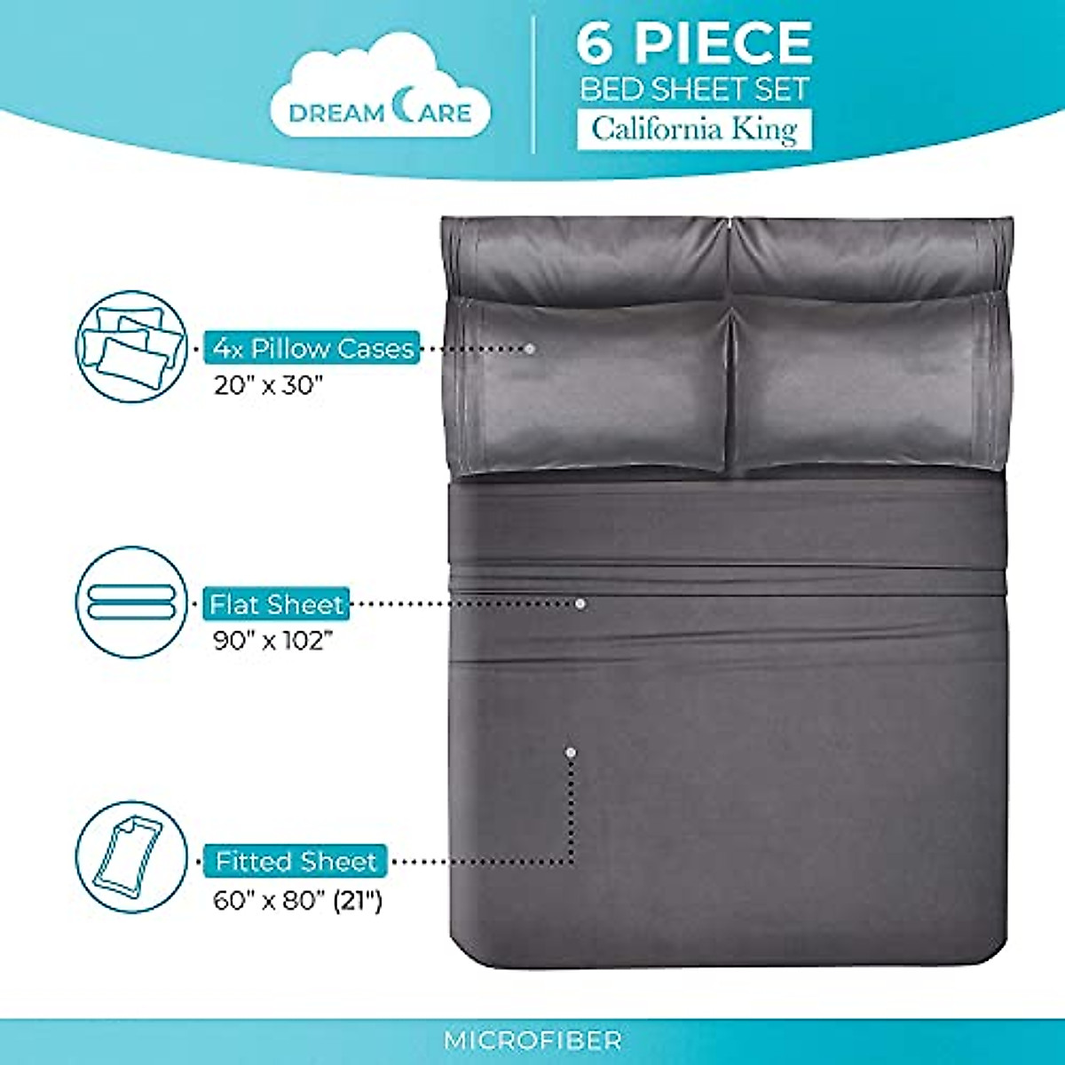 DREAMCARE California King Sheets - Cooling Bed Sheets - 6pcs Set - Cal King Sheets - California King Sheet Sets - Luxury Soft & Long Lasting 100% Fine Brushed Polyester with Side Pocket - Gray