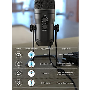 FIFINE USB Studio Recording Microphone 3.5mm/6.35mm Monitor Headphones for Podcast, Computer Mic with Mute Button, Four Pickup Patterns for Vocals ASMR, Black Headphones (K690+H8)