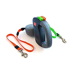 WIGZI (2 Two Dog Reflective Retractable Pet Leash – 360 Degree Zero Tangle Patent - Two Dogs Each up to 50 lbs and 10ft. Reflective Orange and Green Leads. Dual Locking, Small, Gray