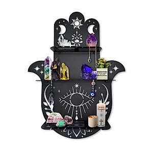 Hamsa Hand Crystal Display Shelf Metal Hamsa Wall Decor Floating Shelf Crystal Holder Spiritual Room Decor Shelf Evil Eye Decor Spiritual Decor Shelf for Stones Essential Oil Witch Decor Shelf