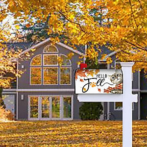 Fall Cat Mailbox Cover 21x18 Inch, Hello Fall Post Letter Box Covers, Autumn Harvest Thanksgiving Magnetic Waterproof Mail Wraps for Outdoor Yard Garden Standard Mailbox Decor