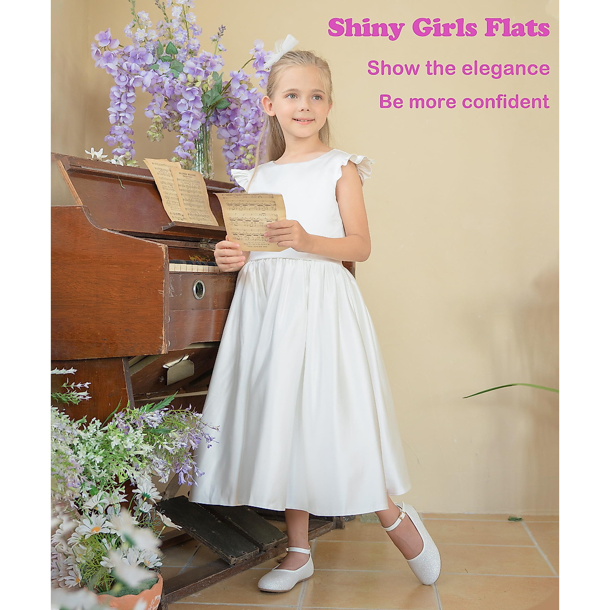 PHIRAMIN Toddler Flower Girl Glitter White Dress Shoes - Little Girl Ballet Flats Size 12 Wedding Party