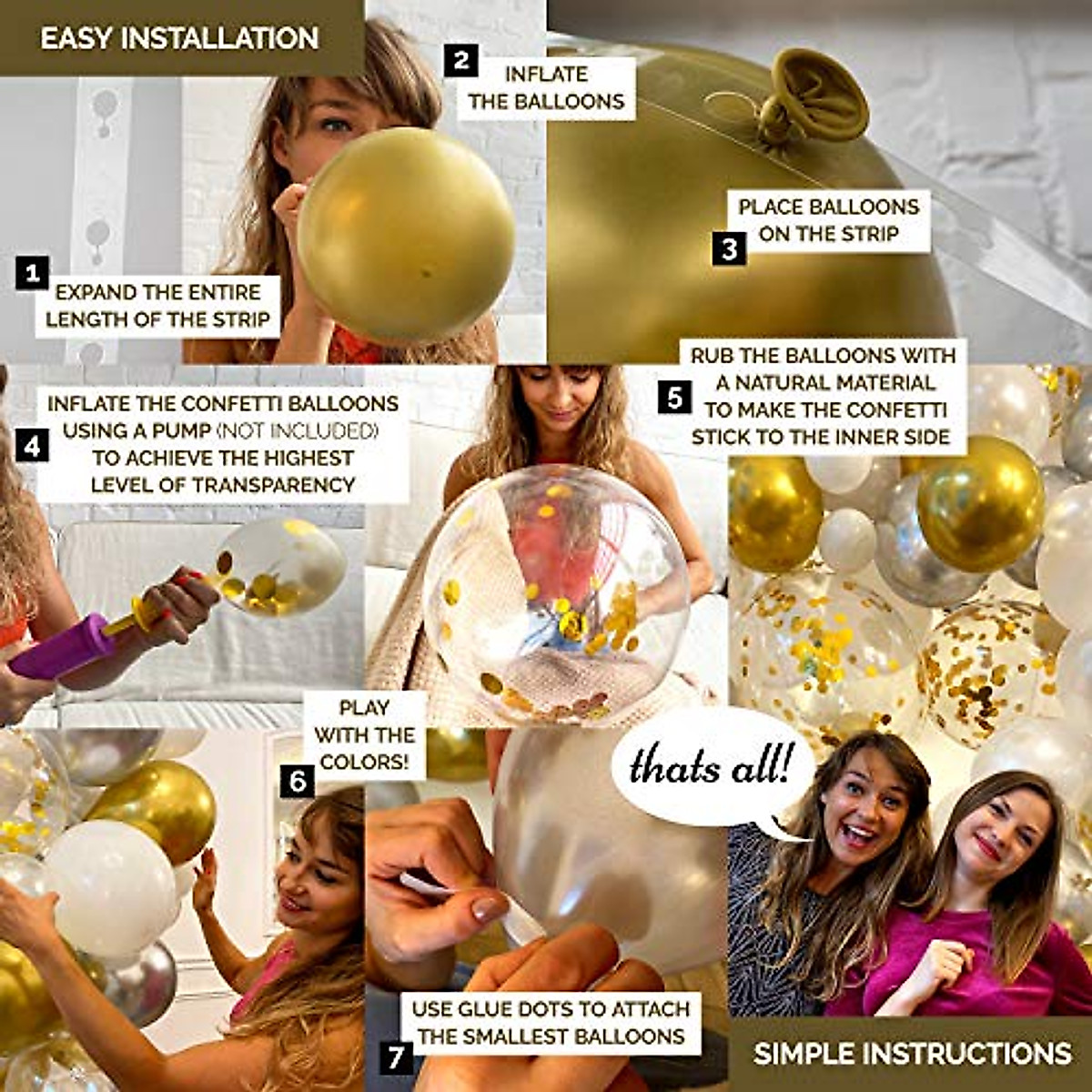 White and Gold Balloon Garland Kit with Gold Silver Confetti - Easy to Assemble 100pcs Premium White and Gold Balloons for Birthday Party - Gold and White Balloon Arch Kit for Baby Shower Balloon Arch