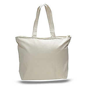 (6 Pack) Set of 6 Heavy Canvas Large Tote Bag with Zippered Closure (Natural)