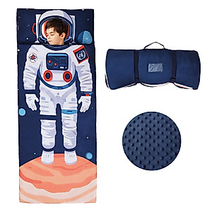 Kids Sleeping Bag Toddler Nap Mat with Removable Pillow, Large Foldable Sleeping Bag for Girls Boys, Easy Clean Slumber Bag with Double Zip for Camping School Preschool Daycare, 59×23 inch Astronauts