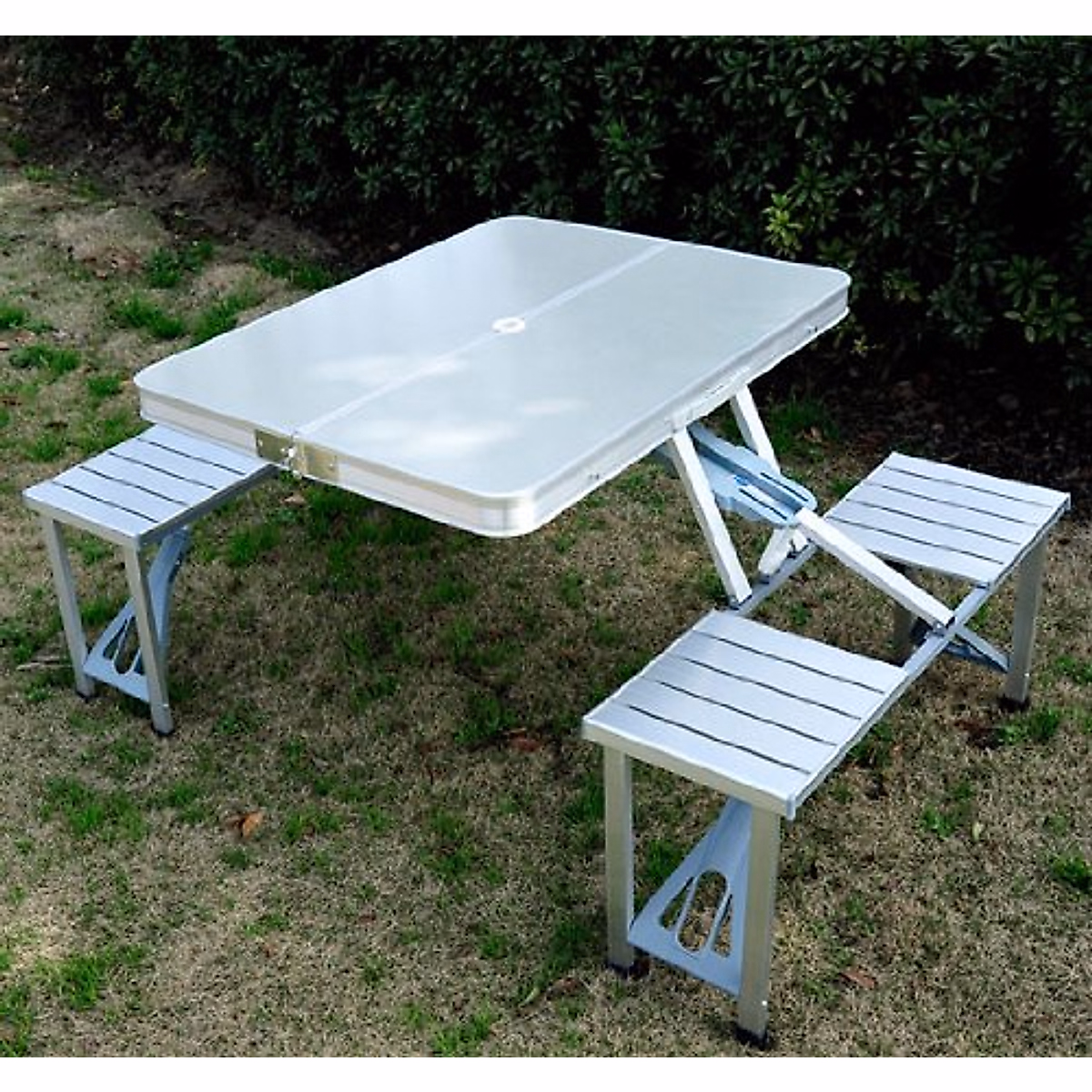 Outsunny Folding Picnic Table with Umbrella Hole, Aluminum Suitcase Portable Outdoor Table with Bench, Patio, Porch or Camping Table and Chair Set, Silver