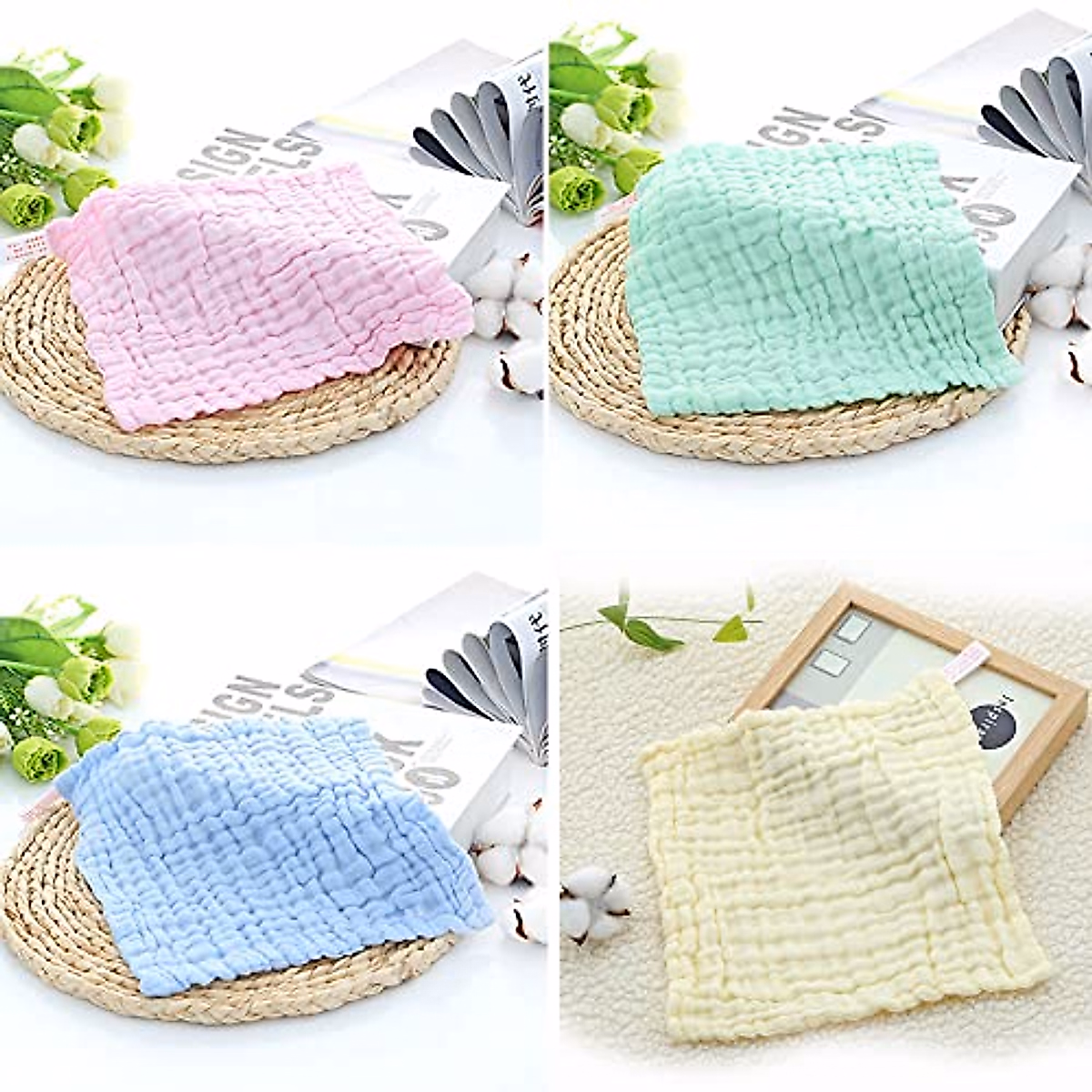Baby Muslin Washcloths 100% Cotton Muslin Squares Cloths 5 Pack Baby Washcloth 6 Layers Organic Cotton Baby Face Towels Reusable Extra Soft Baby Face Towel and Wash Cloths for Bath (30 * 30CM)