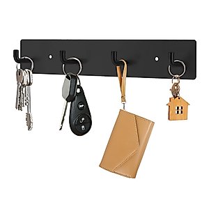 RELBRO Key Holder Wall Mount, Black Metal Key Hanger Self Adhesive Key Rail with 4 Key Hooks Key Rack Organizer 2 Options Installation for Entryway Hallway Kitchen RV Camper
