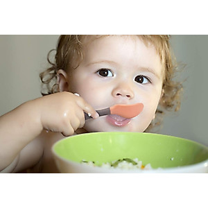 Qshare Baby Utensils Spoons with Travel Safe Case, Toddlers Feeding Training Spoon with Easy Grip and Bendable Function, Perfect Self Feeding Learning Spoons (SuctionBlue/Pink)