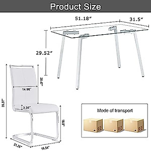 Glass Dining Table Set for 4,Rectangle Dinner Table with 4 White Leather Kitchen Chairs,51 in Kitchen Room Dining Set,0.31” Tempered Glass Table Top with Silver Metal Legs,4 Dining Chairs