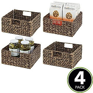 mDesign Woven Hyacinth Storage Bin Basket Organizer with Handles for Organizing Kitchen Pantry, Cabinet, Cupboard, Shelves - Holds Food, Drinks, Snacks - 4 Pack - Brown Wash