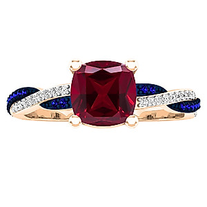 Dazzlingrock Collection 6 MM Cushion Lab Created Ruby with Round Blue Sapphire & Diamond Women Engagement Ring | 18K Rose Gold, Size 10