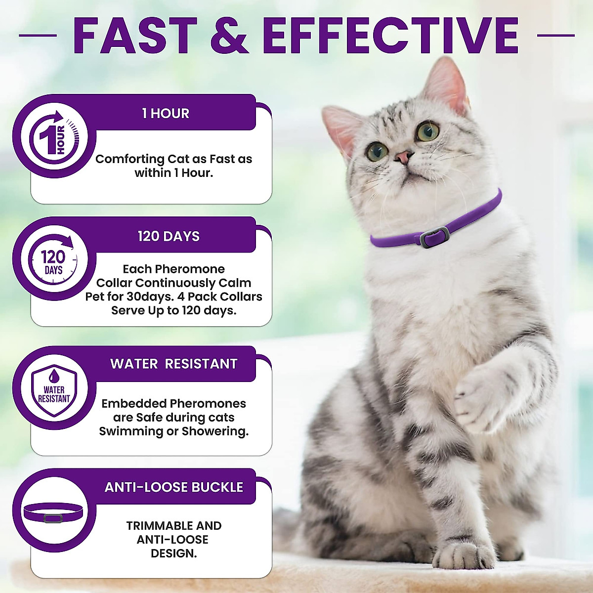 TriOak 4 Pack Calming Collar for Cats, Cat Calming Collar, Calming Pheromone Collar for Cats, Cat Pheromone Collar, Cat Calming Collar for Anxiety, Efficient Relieve Anxiety Stress (Purple)