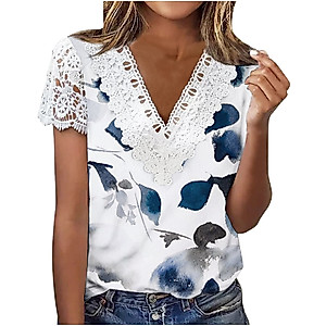 Pallets of Returned Items for Sale Going Out Tops for Women Floral Print Guipure Lace V Neck Short Sleeve Tshirt Tees Fashion Casual Shirts Warehouse Clearance Open Box Deals Navy M