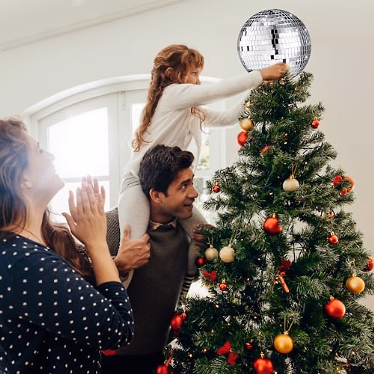 Retisee 8'' Disco Ball Christmas Tree Topper Disco Mirror Ball Xmas Tree Topper 3D Hollow Silver Disco Ball Decor Disco Ball Ornament for 70s Disco Holiday Wedding Birthday Party Decorations