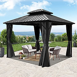 GARTOO 10x10FT Outdoor Hardtop Gazebo with Double Roof - Heavy-Duty Galvanized Steel Top Aluminum Frame Gazebo with Breathable Netting & Privacy Curtain for Patio, Porch, Garden, Lawn, Deck, Backyard