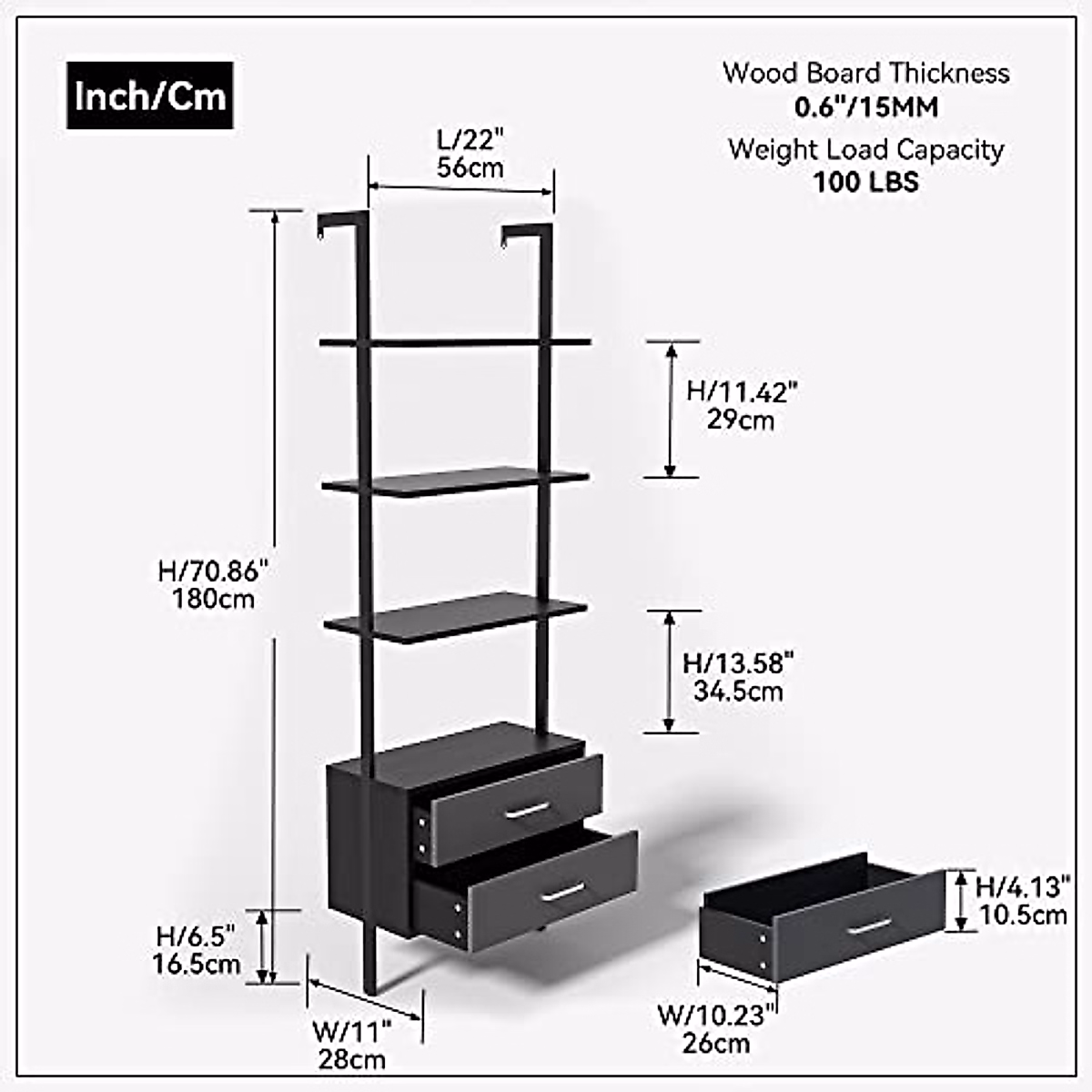 KEVINSPACE 4 Tier Ladder Shelf, Wall Mounted Ladder Bookshelf with 2 Drawers, Modern Bookcase with Industrial Metal Frame, Wooden Storage Display Shelves for Living Room Bedroom Office, Black&Grey