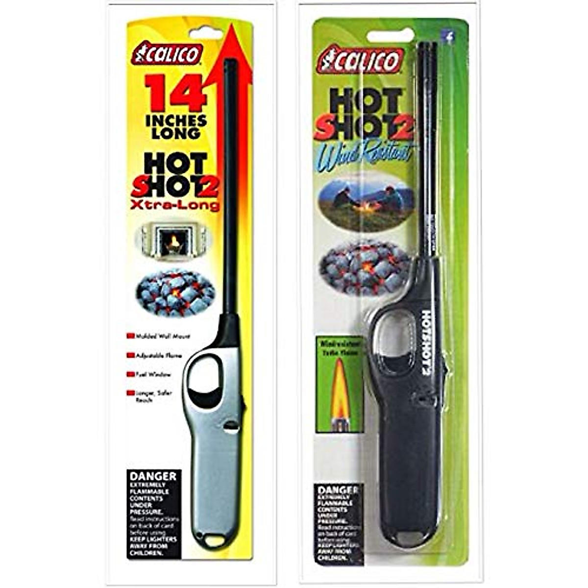 calico 2 Pack Combo Hot Shot Xtra Long and Standard Wind Resistant Lighter Safe for Camping/Grilling/Home, Adjustable Flame
