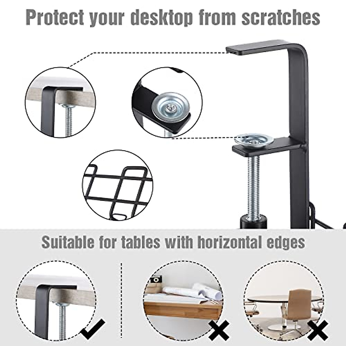 3 Pcs Under Desk Cable Management Tray with 5 Pcs Hook and Loop Strips 3 Sizes Desk Cable Organizer No Drill Wire Management Desk Metal Cord Organizer Black Cable Rack Cable Basket for Office and Home