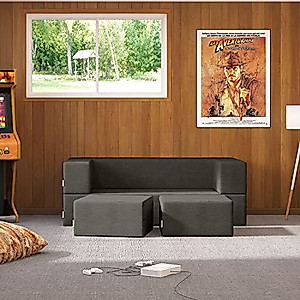 Jaxx Zipline Convertible Sleeper Loveseat & Ottomans, Textured Microvelvet - Charcoal