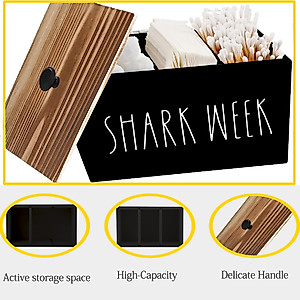 Tampon Holder for Bathroom,Farmhouse Bathroom Organizer,Rustic Wood Bathroom Storage Bin with Lid,Wood Movable Partition Feminine Product Organizer with Lid,Bathroom Accessories Box (Black wood)