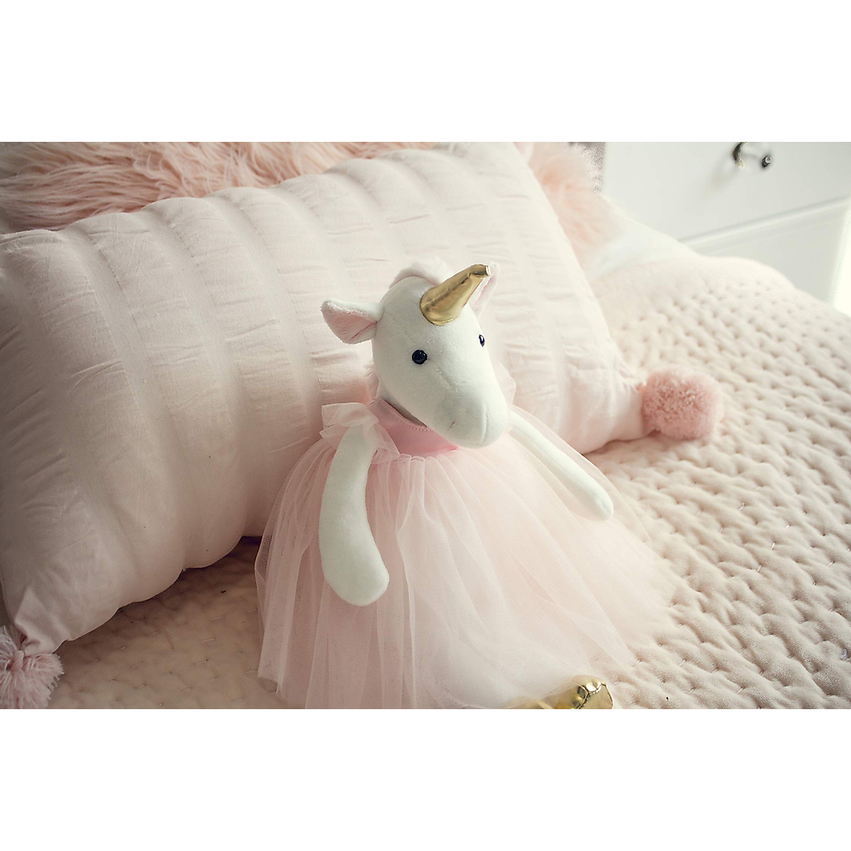 Inspired by Jewel Ella The Unicorn Premium Quality Stuffed White Unicorn Plush Doll with Golden Horn, Hooves & Flowing Pink Mane & Soft Tail | Playable Toy with Movable Legs with Huggable Arms