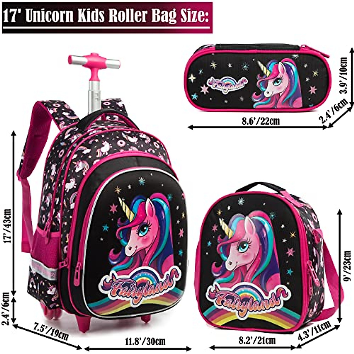 Egchescebo School Bags Kids Rolling Unicorn Backpack for Girls Luggage Suitcase With Wheels Trolley Wheeled Backpacks Travel Bags 3PCS Cat Backpack With Lunch Box Red…