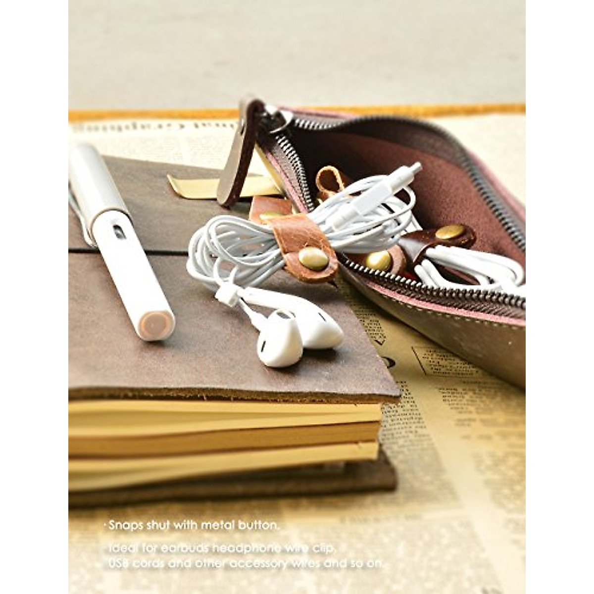 CAILLU Cord Organizer,Cord Keeper,Cable Organizer USB Holder,Cable Management,Cable Straps,Earbud case,wrap Headphone,Headset Winder,Phone Earphone Clips Ties,Tiny Leather Gifts Gadget 5