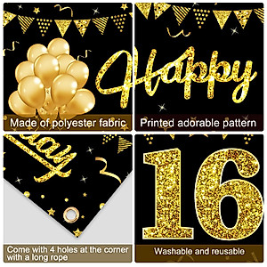 Happy 16th Birthday Banner Decorations for Boys, Black Gold 16 Birthday Signs Party Supplies, Sweet Sixteen Birthday Party Decor for Outdoor Indoor