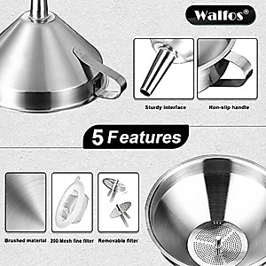 Walfos 3Pcs Kitchen Funnel with 2 Removable Strainer ＆ 1 Cleaning Brush & 1Pc 200 Mesh Food Filter Strainer, Food Grade Stainless Steel Funnel for Transferring of Liquid, Oils, Jam, Dry Ingredients