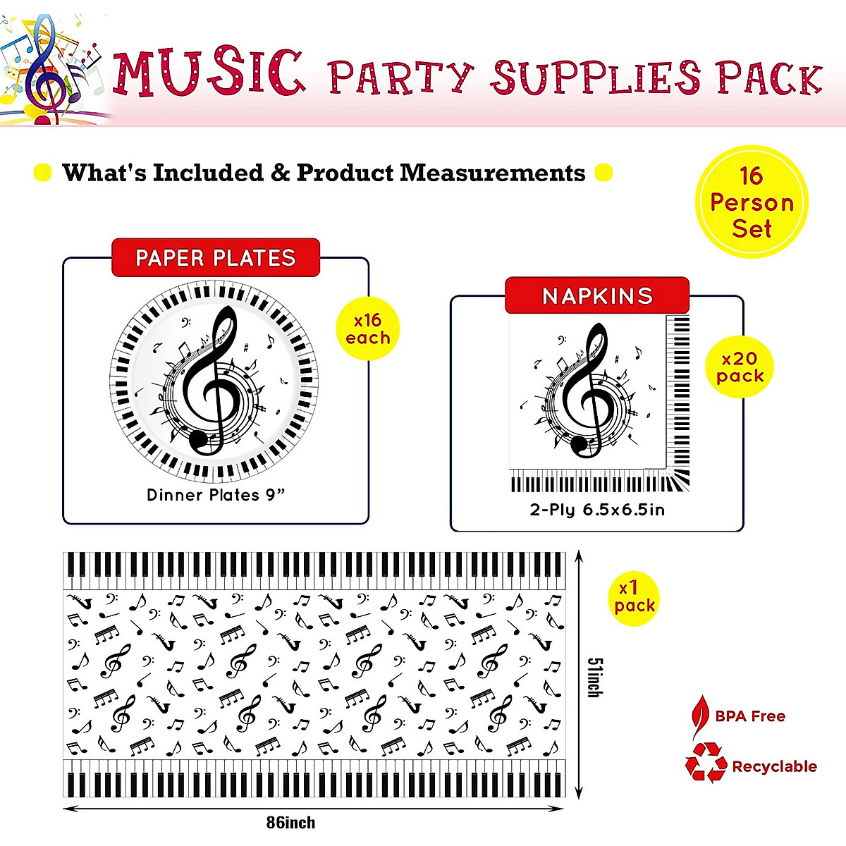 Musical Notes Party Supplies and Decorations,Include Musical Social Media Plates,Napkins,Music Notes Tablecloth,for Kids Music Theme Birthday Party Bridal Wedding Baby Shower Decor(16 Guests )