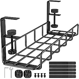 Under Desk Cable Management Tray, 15.7'' No Drill Steel Desk Cable Organizers, Wire Management Tray Cable Management Rack, Desk Cable Tray with Wire Organizer and Desk Cord Organizer