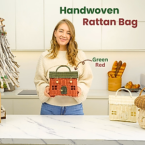 KOLWOVEN Rattan House Storage Basket with Lid - Mouse in a Box House- Small Doll house- Decorative Hand Woven Shelf Organizer Cute Handmade Handcrafted Gift Decoration Artwork Wicker (Moss green)