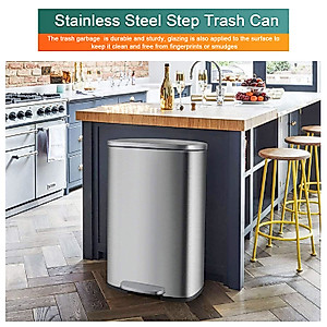 Dkelincs 13 Gallon Stainless Steel Trash Can, Step Kitchen Garbage Can with Lid & Removable Inner Bucket, 50 Liter Pedal Metal Rubbish Bin for Bedroom, Bathroom