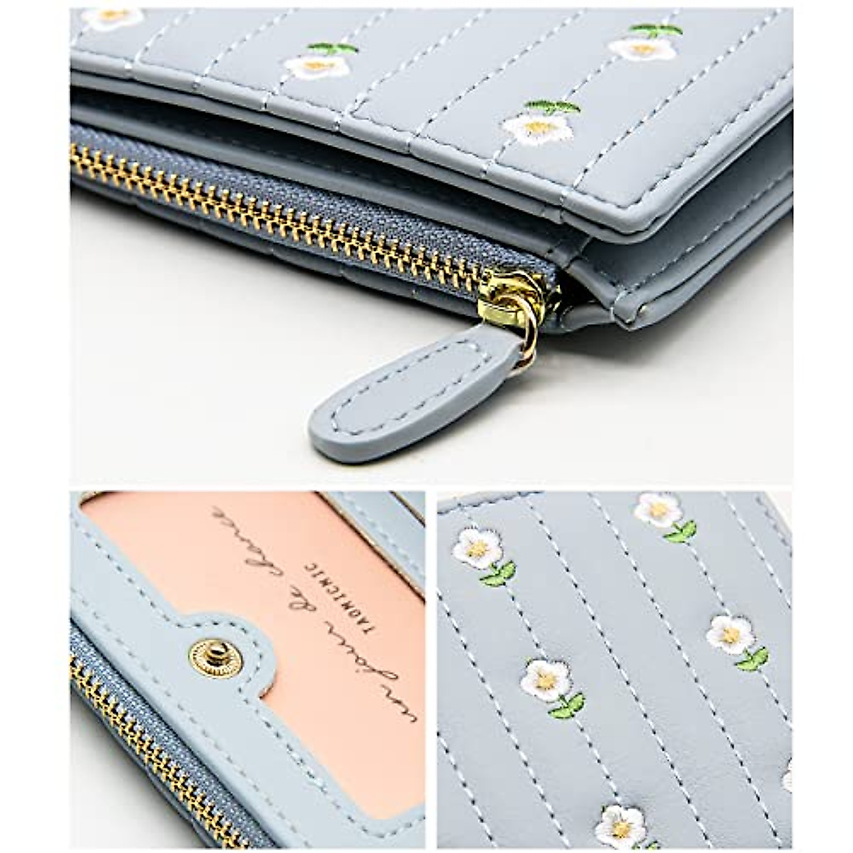 LJCZKA Small Wallet for Women Cute RFID Blocking PU Leather Card Holder for Girls Flower Coin Cash Purse Slim Short Wallet (Blue)
