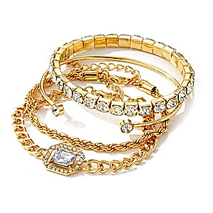 IFKM Gold Bracelet For Women Girls Dainty 14k Gold Plated Bangle Bracelets Set Adjustable Tennis CZ Twisted Chain Link Bangle Bracelet Layered Charm Jewelry Gift For Anniversary (Gold)