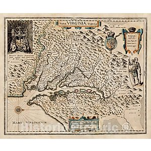 Historic Map - Nova Virginiae Tabula/Blaeu's Map of Virginia, and The Chesapeake Region, John Smith's Map of Virginia, Map of Virginia, 1619, Jodocus Hondius - Vintage Wall Art 24in x 20in