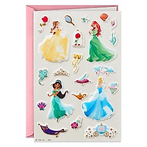 Hallmark Signature Disney Princess Birthday Card with Stickers (Belle, Ariel, Jasmine, Cinderella)