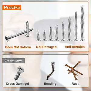 Self Tapping Screws, Preciva 304 Stainless Steel 200 PCS, 8 Sizes Round Head Phillips Drive Self Drilling Screw Assortment Kit for Metal Wood Furniture Electronic Products