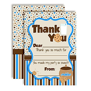 Milk & Cookies Blue & Brown Birthday Thank You Notes, Ten 4" x 5.5" Fill In The Blank Cards with 10 White Envelopes by AmandaCreation