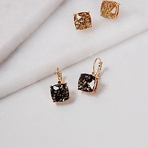 Square Earrings for Women - Leverback Earrings, Sparkle Earrings, Gold-Tone Glitter Earrings, Lever Backed Earrings for Women, Womens Earrings, Black and Gold Earrings, Drop Earrings for Women Dangle