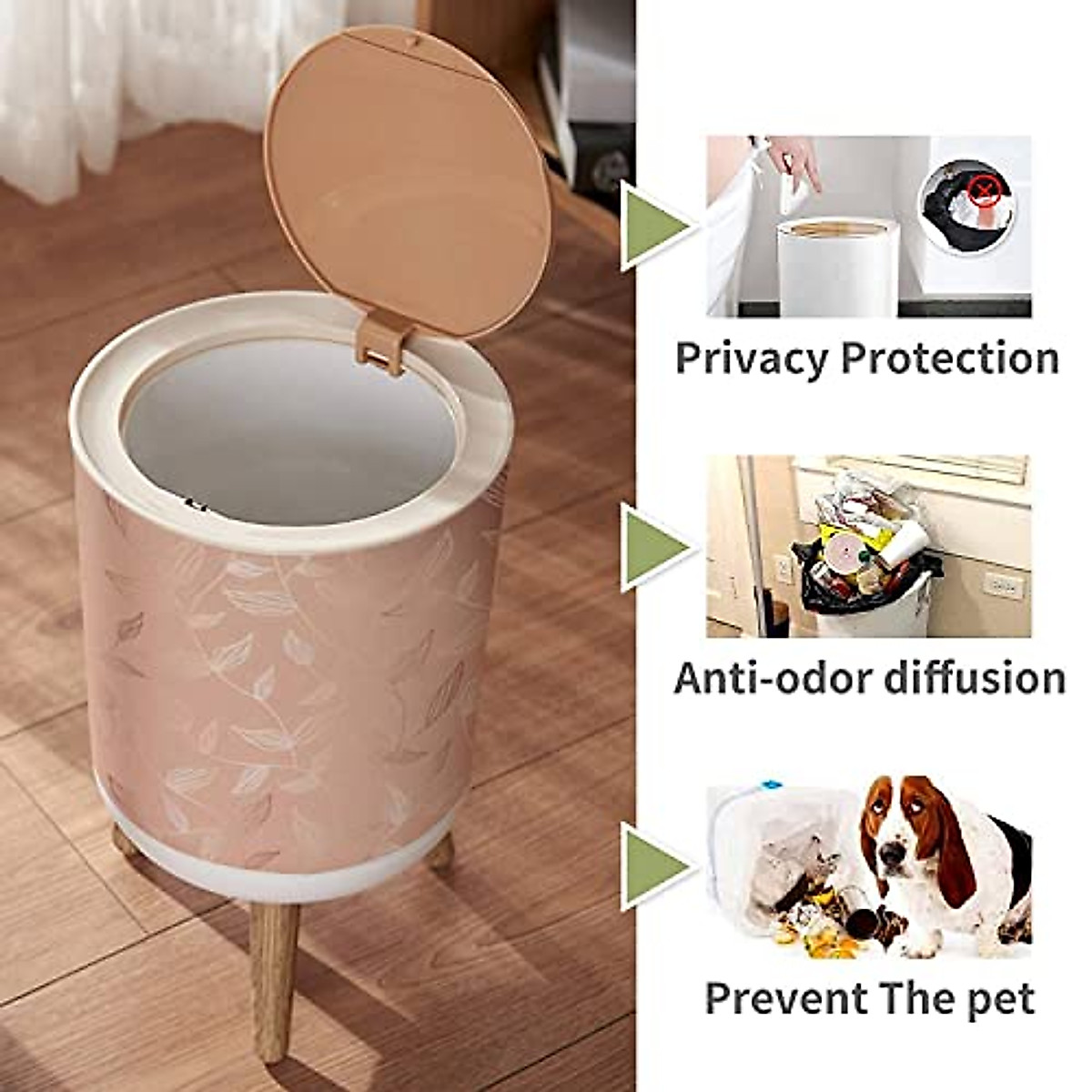 IBPNKFAZ89 Small Trash Can with Lid Rose Gold Floral Rose Gold Leaf Seamless Rose Gold Abstract Seamless Garbage Bin Wood Waste Bin Press Cover Round Wastebasket for Bathroom Bedroom Office Kitchen
