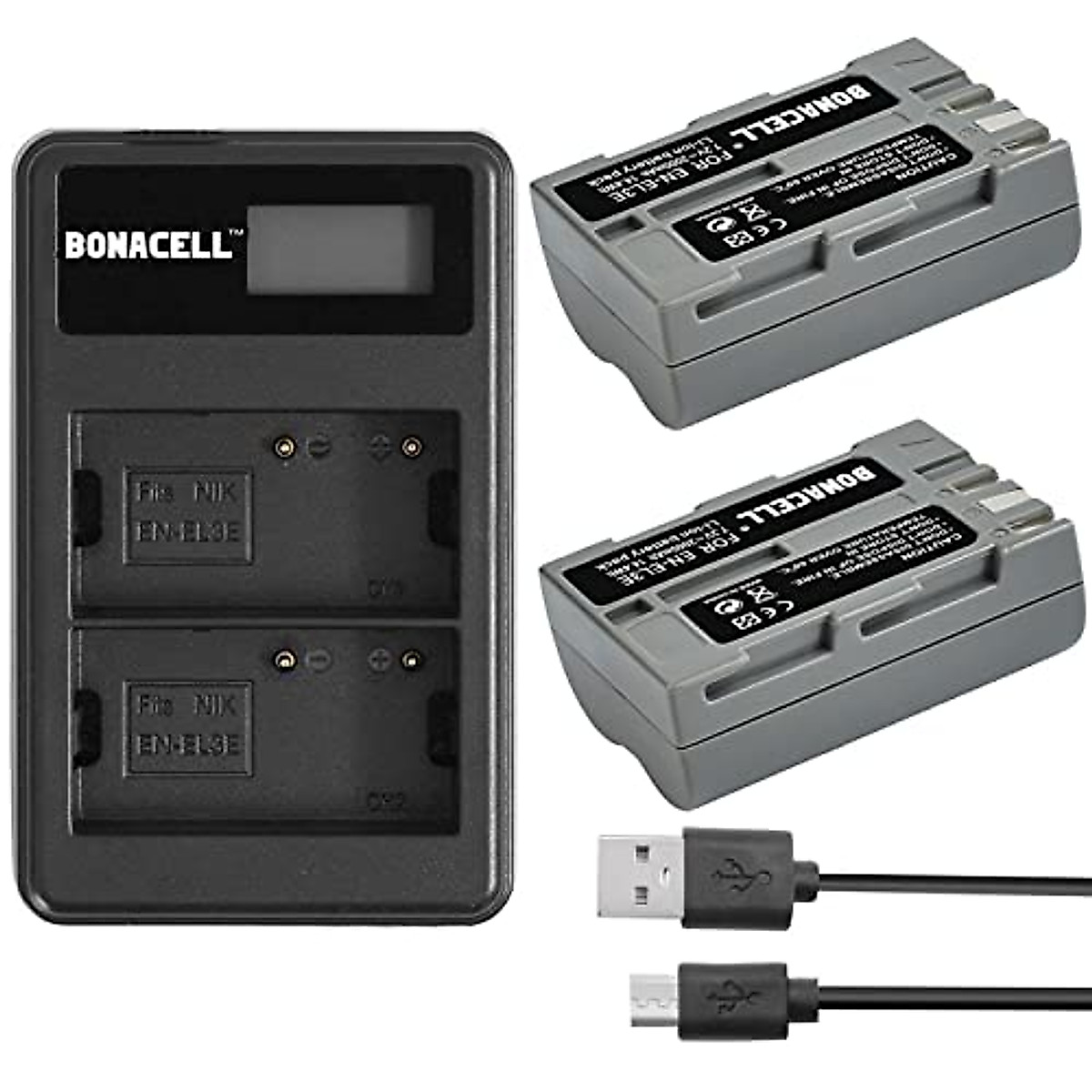 Bonacell EN-EL3E Battery(2 Pack) 2000mAh and LCD Dual Charger Compatible with Nikon D700, D300S, D300, D200, D100, D90, D80, D70, D70s, D50 Digital SLR Camera