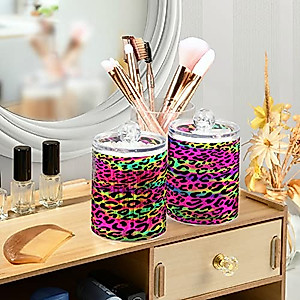ALAZA Rainbow Leopard Print 4 Pack Qtip Holder Dispenser with Lid 14 Oz Clear Plastic Apothecary Jar Containers Jars Bathroom for Cotton Swab, Ball, Pads, Floss, Vanity Makeup Organizer