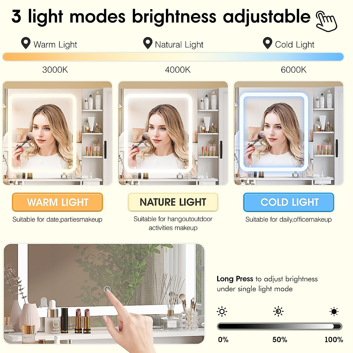 Maupvit Vanity Desk with HD LED Mirror,White Vanity with Large Jewelry Cabinet,Lots Storage Shelves,3 Drawers & Cabinets,Vanity with Charging Station,3 Lighting Modes, Brightness Adjustable