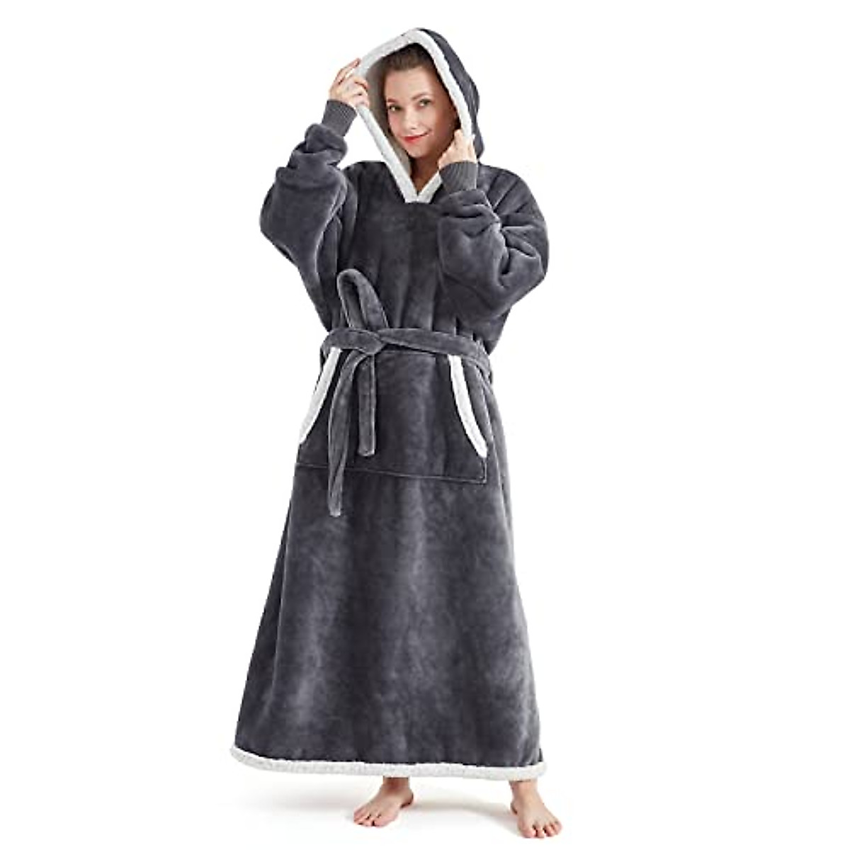 Touchat Wearable Blanket Hoodie, Flannel Sherpa Fleece Hooded Blanket, Oversized Hoodie for Adults Women Men, Sweatshirt Blanket with Hood, Pocket & Sleeves,Gifts for Wife,Mom,One Size Fits All（Grey）