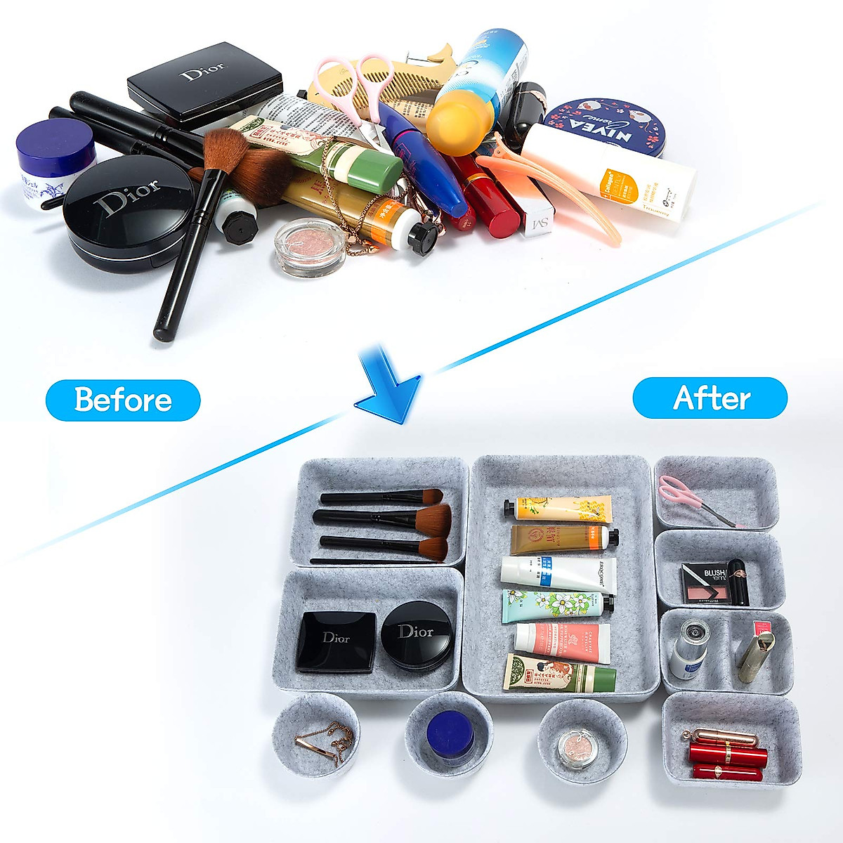 Vdealen Desk Drawer Organizer, 10 Pack Felt Drawer Organizer Trays Home & Office Felt Drawers Dividers Storage for Office Supplies Makeup Jewelry Ect