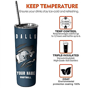 20oz Customs Football City Tumbler with Lid and Straws, Personalized Football GIfts for Fans, Travel Cup Adds Your Name and Number